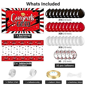 53 Pcs Graduation Decorations 2023 Congrats Grad Backdrop Banner Graduation Tablecloth Congrats Latex Balloons with Ribbons for University High School Graduation Party Supplies (Red and Black)