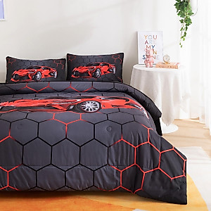 Podol 5 Pieces Race Car Comforter Set Twin Size Red Sports Car Bedding Sets for Boy 3D Geometric Bed in a Bag with 1 Comforter, 2 Pillowcases, 1 Flat Sheet and 1 Fitted Sheet