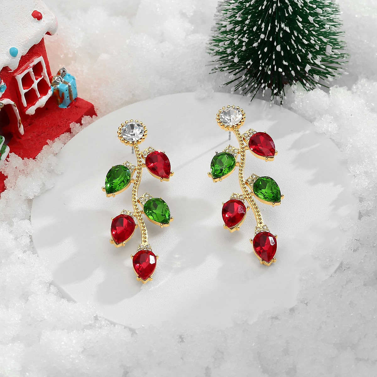 WOWORAMA Christmas Light Earrings for Women Red Green Crystal Bulb Earrings Statement Christmas Holiday Earrings Jewelry - Red Green Lights Xmas Earrings