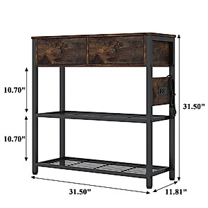 Rustic Industrial Console Table, Sofa Table ，Narrow Side Table with 2 Fabric Drawers, Small Entrance Table with 3 Storage Shelves, Side Table for Living Room, Hallway（31.5，Brown and Black）