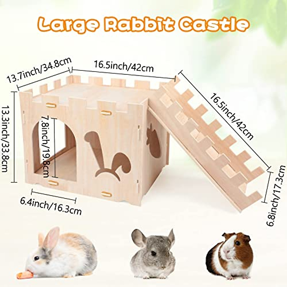 YUEPET Extra Large Wooden Rabbit Castle Bunny Play House Detachable Small Animal Hideout Handmade Hut for Indoor Adult Rabbit Guinea Pig Chinchilla Habitat