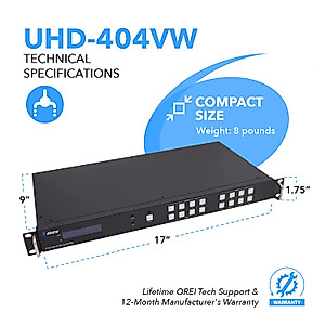 OREI Professional 4K 4X4 HDMI Matrix Video Wall, Seamless Switching HDCP 2.2 UltraHD 4K @ 60Hz 4:4:4 Switcher & IR Control, Audio Extract, RS-232 - Zero Latency 4 Displays 2x2 Video Wall @ 1080P