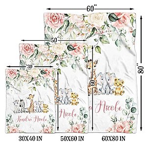 Safari Blanket, Personalized Baby Girl Blanket, Safari Animal Set Baby Girl Blanket for Baby, Elephant Bedding, Decor, Super Soft Plush Blanket for Baby, 30 x 40 in