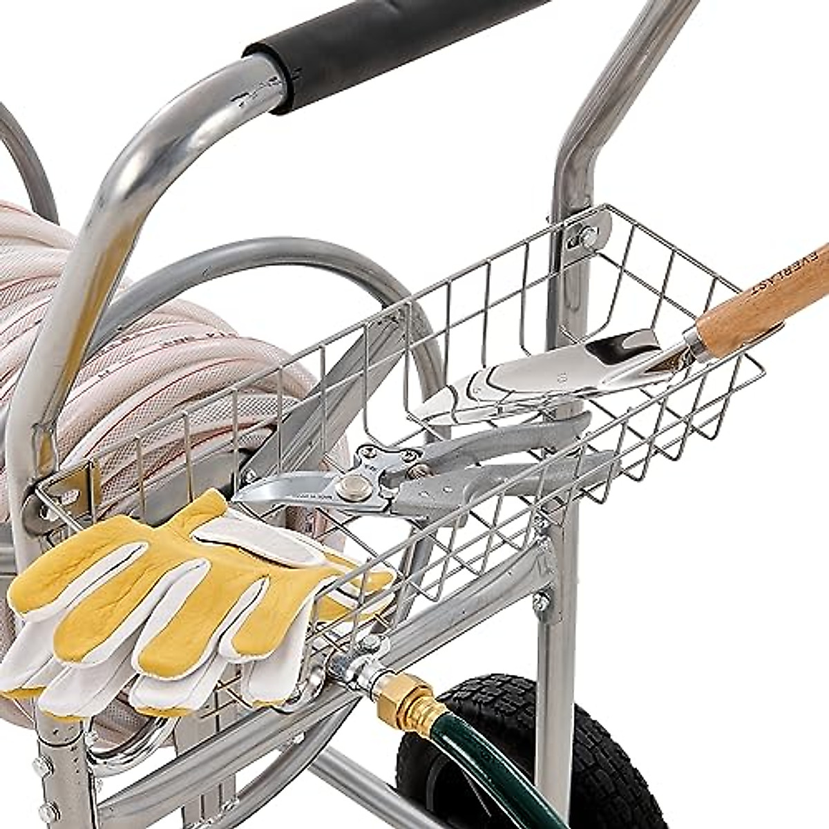 VEVOR Hose Reel Cart, Hold Up to 300 ft of 5/8’’ Hose, Garden Water Hose Carts Mobile Tools with 4 Wheels, Heavy Duty Powder-Coated Steel Outdoor Planting with Storage Basket, for Garden, Yard, Lawn