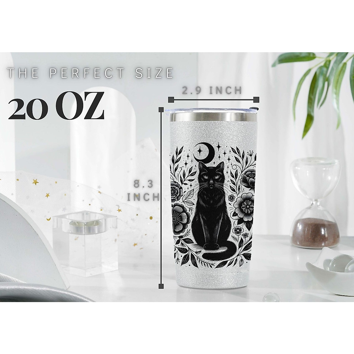 Onebttl Black Cat Gifts for Cat Lovers, Insulated Stainless Steel Tumblers with Lids and Straws, Witch gifts for Christmas, Glitter Silver, 20 oz, Gothic