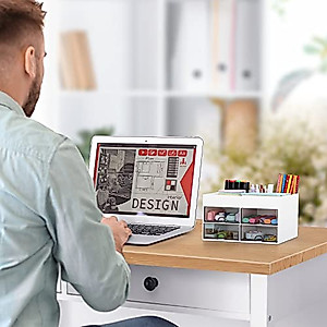 LETURE Desk Organizer Office Desktop Organizer with Drawer, Desk Top Accessories Stationary Organizer Desk Caddy, Pen/Pencil/Business Card/Sticky Note Tray/Paperclip Holder Storage Box (White)