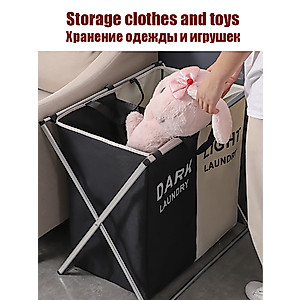 Large Laundry Basket, 2/3 Section Foldable Dirty Clothes Hamper for Laundry, Tall Divided Laundry Sorter with Removable Bag, Modern Collapsible Waterproof Laundry Hamper for Home (Black White)