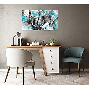 Zlove Large Animal Canvas Wall Art Elephant Couple in Love Boho Decor Mandala Elephant Grey and Teal Artwork for Bedroom Modern Home Decor Stretched and Framed Ready to Hang 20x36inch