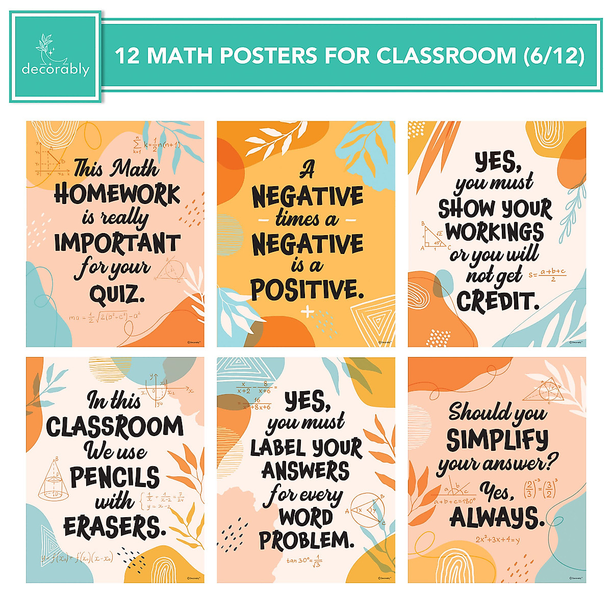 Decorably 12 Math Posters for Middle School, 11x14in Matte-Laminated Educational Math Classroom Posters