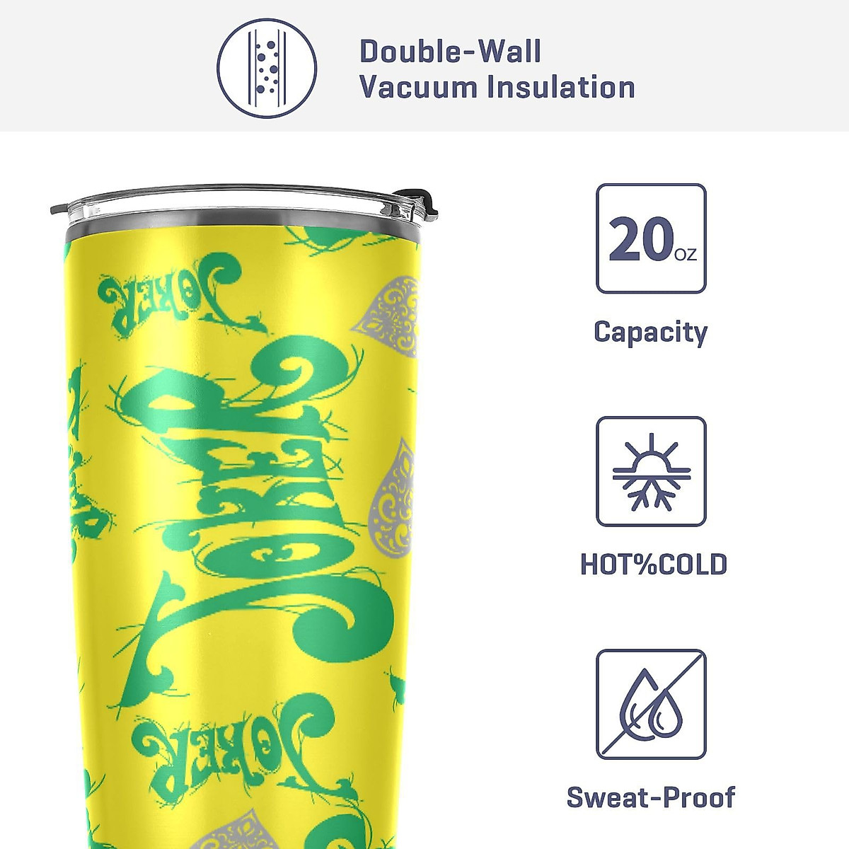 Joker Green Yellow Poker Card Tumbler Stainless Steel Insulated Cup Travel Mug for Coffee Double Wall Vacuum Thermos with Straw and Lid 20oz