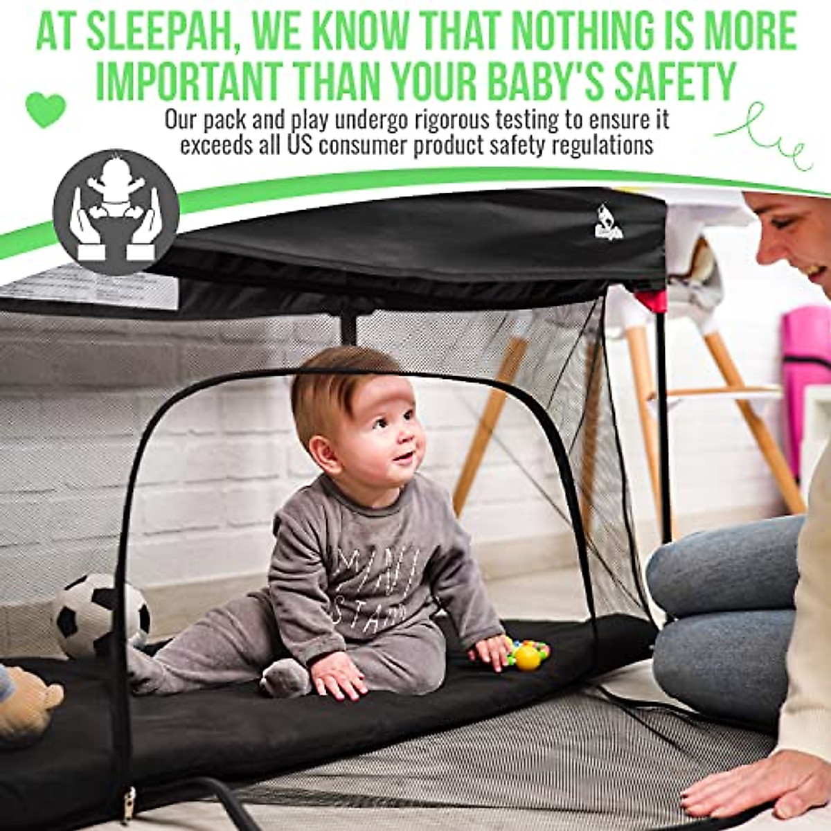 Sleepah Foldable Travel Crib – Lightweight Portable Play Pen + Backpack, Play-Yard with Waterproof Mattress – Easy to Pack Fits in a Suitcase, Sets up in 30 Seconds Safe for Infants & Toddlers (Black)
