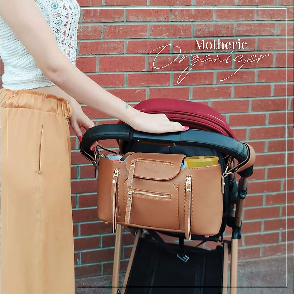 motheric Brown Leather Universal Stroller Organizer Shoulder bag with insulated cup holder, Shoulder strap - Parent console Caddy with strollercup holder