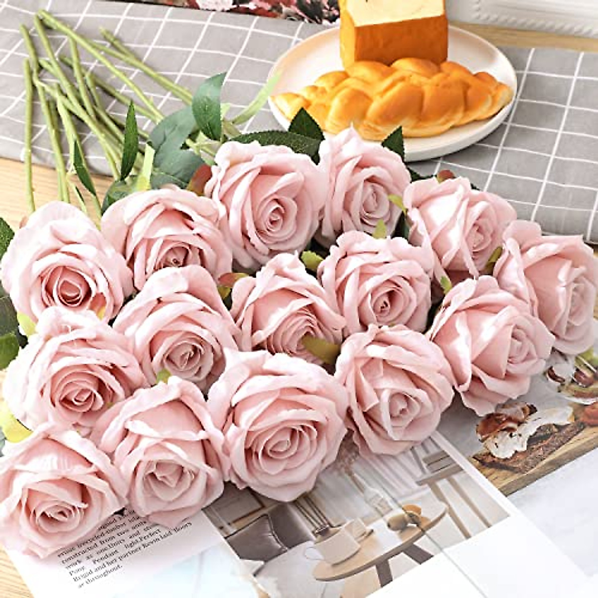 Cloudecor 15Pcs Artificial Roses Velet Real Touch Single Stem Fake Roses Silk Realistic Bouquet Flowers Arrangements Home Office Garden Grave Party Wedding Decoration(Light Pink-15p, Blossom Roses)