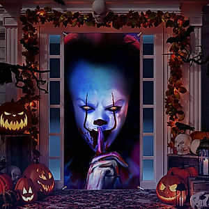 AeapYar Joker Clown Halloween Banner Decoration Door Cover Backdrop Trick or Treat Horror Movie Character Killer Creepy Scary Terror IT Theme Background Decor Birthday Party Photo Props