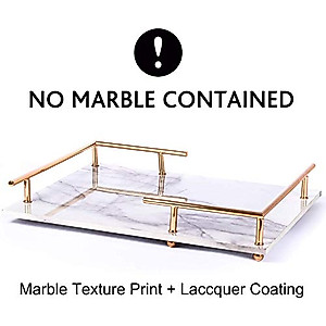 PuTwo Decorative Tray, MDF Tray with Marble Print, Handmade Vanity Tray, Perfume Tray with Gold Metal Handle, Trinket Tray, Catchall Tray for Dresser Bathroom Vanity Table (Gray and White)
