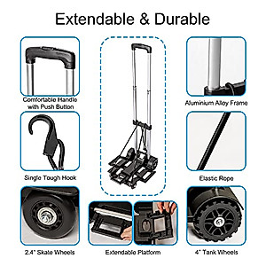 Folding Luggage Cart Portable Dolly Collapsible Hand Truck Lightweight Hand Cart Compact Utility Cart with Heavy Duty 4 Wheels Solid Construction Adjustable Handle for Moving, Travel and Shopping Use
