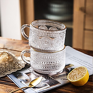 Stackable Vintage Coffee Mug, 14 Oz Clear Embossed Glass Cup, Premium Drinking Glass Tumbler, Tea Cup, Glass Coffee Cup for Cappuccino, Latte, Cereal, Cocktail, Yogurt, Beverage Hot