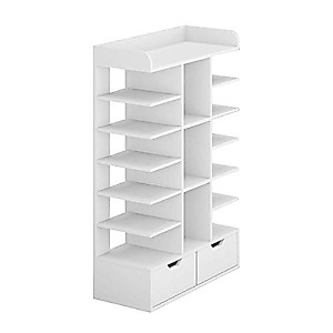 Waktavel 6 Tiers Vertical Shoe Rack, Wooden Shoe Rack Organizer with 2 Drawers and Open Top Free Standing Shoe Storage Stand for Entryway Hallway (White Shoe Rack 6 Tier)