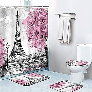 Britimes 4 Piece Shower Curtain Sets, Pink Ground Paris Eiffel Tower with Non-Slip Rugs, Toilet Lid Cover and Bath Mat, Durable and Waterproof, for Bathroom Decor Set, 72" x 72"