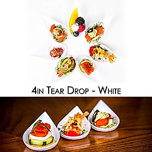 DLux 100 4-in Tear Drop Mini Appetizer Plates, Reusable White Plastic Spoons - Desserts and Appetizers Dishes Serving Plate - Asian Spoon Set, Small Catering Dessert Tasting Cups - with Recipe Ebook