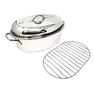 Stainless Steel Oval Lidded Roaster Pan Extra Large & Lightweight With Lid & Wire Rack | Multi-Purpose Oven Cookware High Dome | Meat Joints Chicken Vegetables 9.5 Quart Capacity