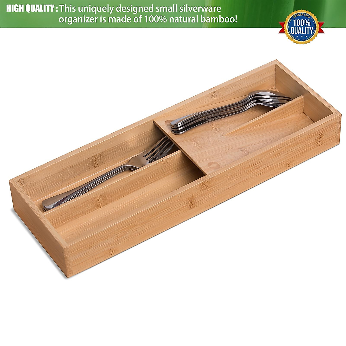 guiogc Bamboo Silverware Drawer Organizer, Kitchen Small Silverware Organizer, Utensil Tray Holder, Cutlery Tray for Spoons, Forks, Knives, Suitable for a family of 2-4