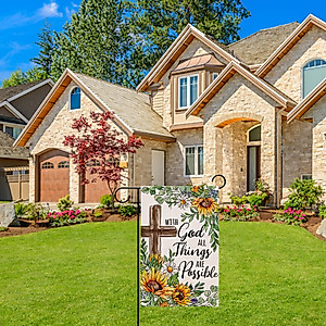 Covido With God All Things Are Possible Religious Spring Summer Easter Decorative Garden Flag, Cross Sunflower Yard Outside Decorations, Inspirational Fall Autumn Outdoor Small Home Decor 12 x 18