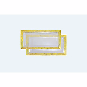 Yumchikel-Elegant Plastic Serving Tray & Platter Set (4pk) - Clear & Gold Rim Disposable Serving Trays & Platters for Food - Weddings, Upscale Parties, Dessert Table, Cupcake display - 7.5 x 14 inches