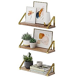 Wallniture Ponza 17" Floating Shelves for Wall Decor, Bookshelf Living Room & Bedroom Decor, Nursery, Kitchen, Bathroom Storage Gold Color Metal Brackets Set of 3