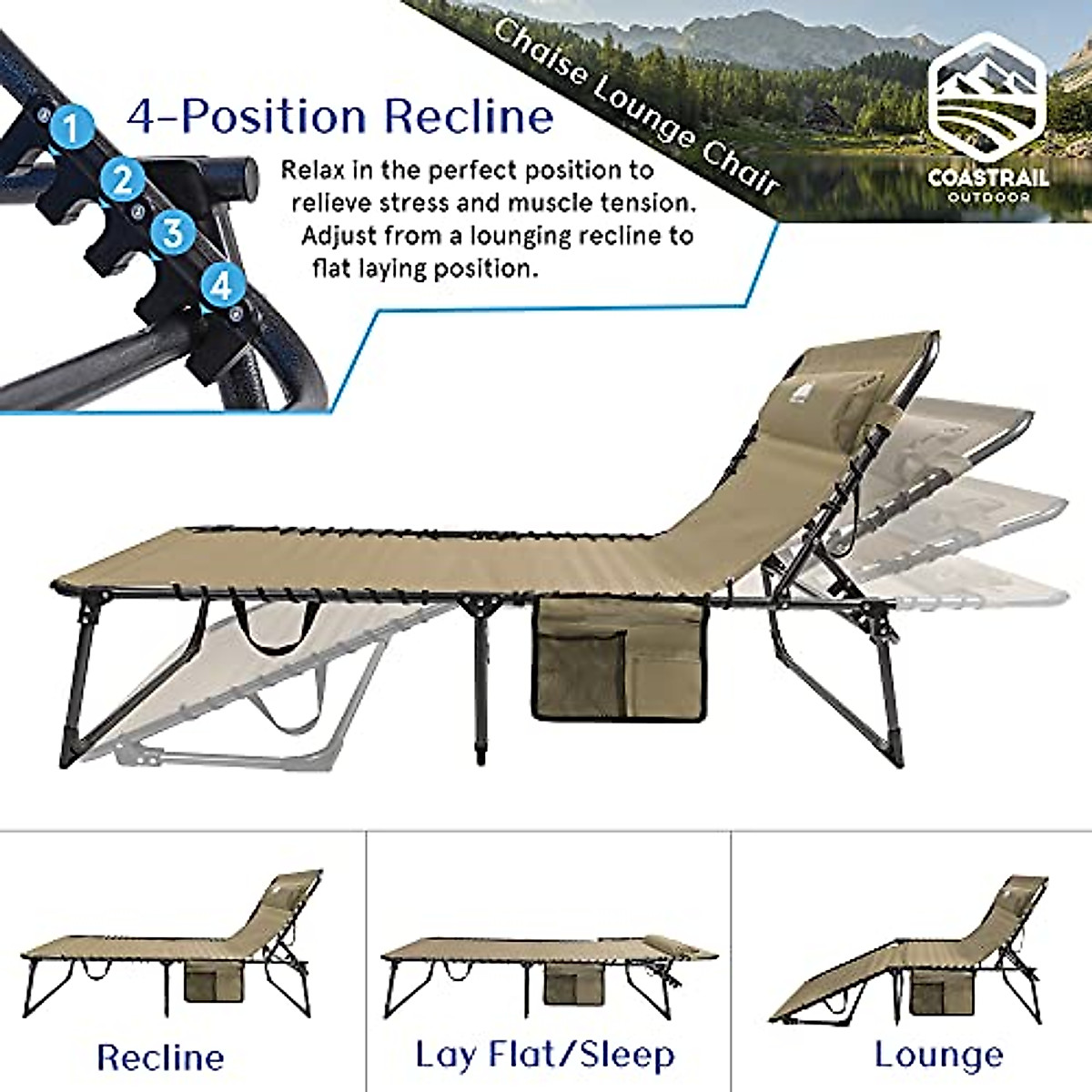 Coastrail Outdoor Chaise Lounge Chair 4 Position Folding Recliner with Pillow Bonus Pockets for Beach Patio Lawn Outdoor Pool Tanning, Up to 400lbs, Beige (Model: Folding Chaise Lounge Chair)