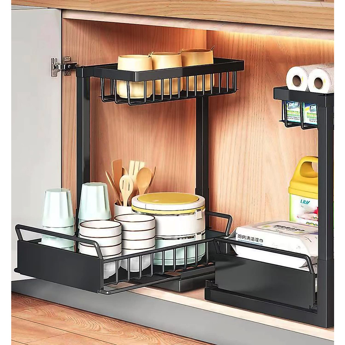 2 Pack Under Sink Organizer,Under Counter Shelves,Under Cabinet Storage Shelves,Spacekeeper Under Sink Organizer,Bathroom Under Sink Organizer Kitchen,Under Sink Organizers And Storage-Black