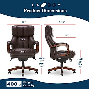 La-Z-Boy Fairmont Big and Tall Executive Office Chair with Memory Foam Cushions, High-Back with Solid Wood Arms and Base, Bonded Leather, Big & Tall, Biscuit Brown