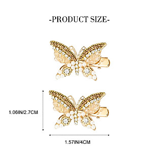 Bartosi Rhinestone Butterfly Hair Accessories Gold Crystal Decorative Alligator Hair Clips Pearl Pins (Pack of 2)