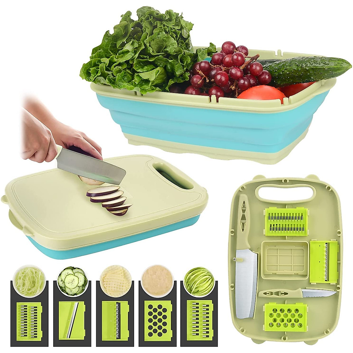 BUYONE Collapsible Cutting Board, Foldable Chopping with Colander, 9-In-1 Multi Kitchen Vegetable Washing Basket Silicone Dish Tub for Camping, Picnic, BBQ, Kitchen-Green, LSBL1T, One Size