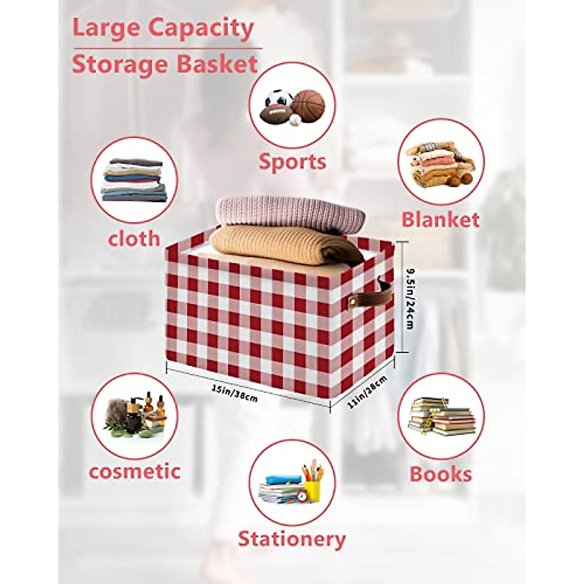 Farmhouse Buffalo Plaid Retro Red Pink White Cube Storage Organizer Bins with Handles, 15x11x9.5 Inch Collapsible Canvas Cloth Fabric Storage Basket, Books Kids' Toys Bin Boxes for Shelves, Closet