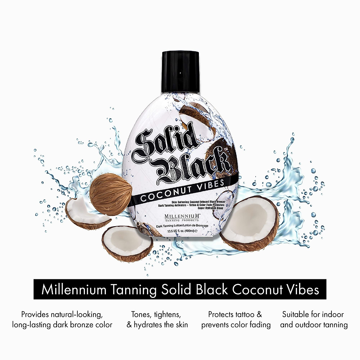 Millennium Tanning Solid Black Coconut Vibes - Indoor & Outdoor Tanning Lotion (13.5 Ounces)