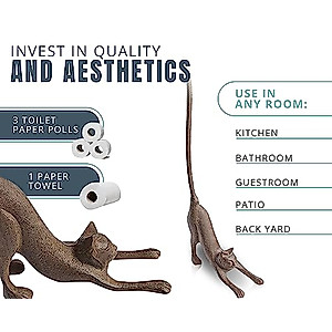 Yoga Cat Decorative Paper Towel Holder or Toilet Paper Holder by Comfify - Adorable “Downward Dog” Pose Kitty- Cast Iron Paper Towel Stand - Antiqued Cast Iron Storage - Multiple uses - 19” Tall.