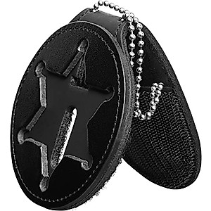 Perfect Fit Sheriff Star Badge Holder Belt Badge Clip and Neck Chain Black Leather (Cutout 199)