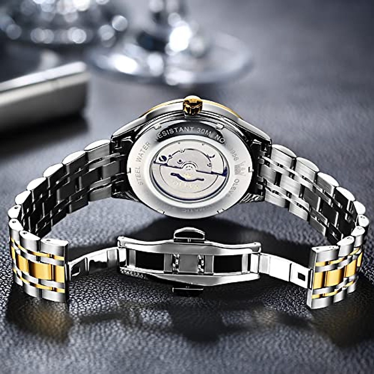 OLEVS Automatic Watches for Men Mechanical Self Winding Luxury Business Calendar Waterproof Luminous Stainless Steel Wrist Watch Gold Blue