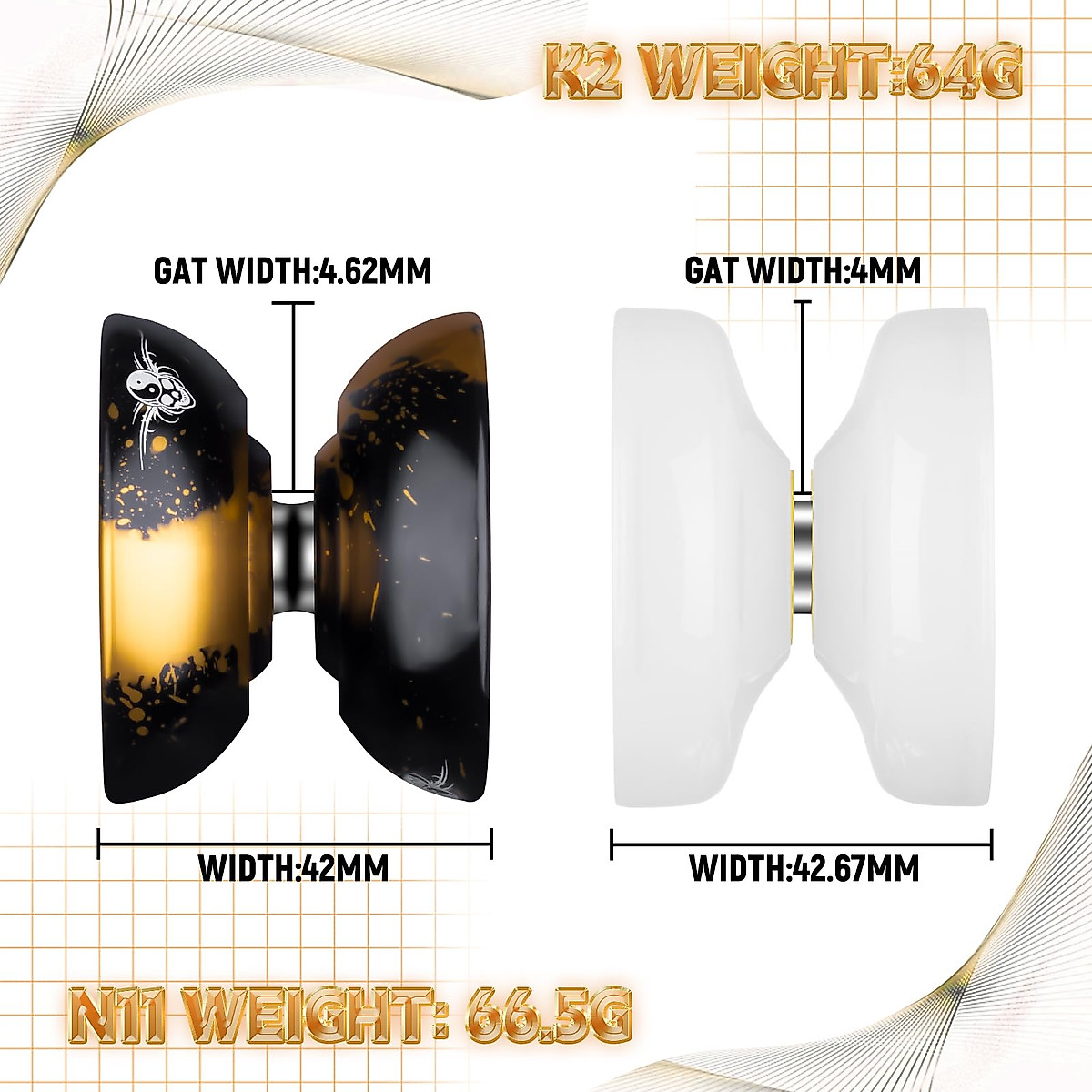 MAGICYOYO Pack of 2 Responsive Yoyos - N11 Black Golden Yoyo and K2 Snow White Fingerspin Yoyo for Kids Beginners, Dual Purpose Yoyos with Unresponsive Yoyo Bearings Kit, 2 Yoyo Bags, 12 Yoyo Strings