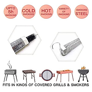 Pellet Smoker Tube-Hylfenis 12" Pellet Tube For Smoking-Hot or Cold Smoking Tube for Electric Gas Charcoal Grilling with 2 Hooks,2 Brushes,10Pack Metal Skewers-Perfect for Smoking Cheese Nuts Steaks Fish Pork Beef