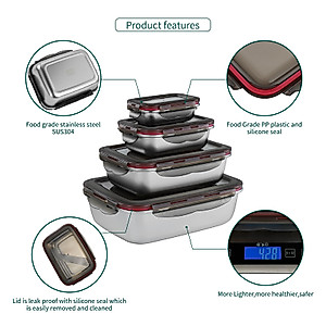 YLARMY 4PCS Stainless steel Food Storage Container with lids - Leakproof & Airtight for Kitchen,Meal Prep Lunch Box, Stackable Leftover Containers for Freezer Oven Safe 220ml/600ml/1500ml/2900ml