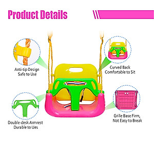 IFOYO Kids Swing Seat, 3 in 1 Toddler Swing Chair Secure Swing Seat Detachable Swing Seat High Back Swing Set for Playground Indoor Outdoor (Pink)