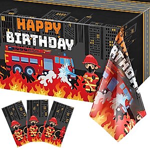 3 Pack Plastic Fire Truck Tablecloths Firefighter Party Tablecloth Fireman Happy Birthday Table Cover Fire Truck Birthday Party Supplies for Firefighting Theme Party School Activity, 54 x 108 Inch