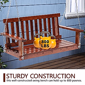 Outdoor Wooden Porch Swings 4Ft/48in Outdoor Swings Heavy Duty 800lb Weight Capacity Swing Bench for Adults with Hanging Chains and Fixing Screw for Garden and Backyard,Brown