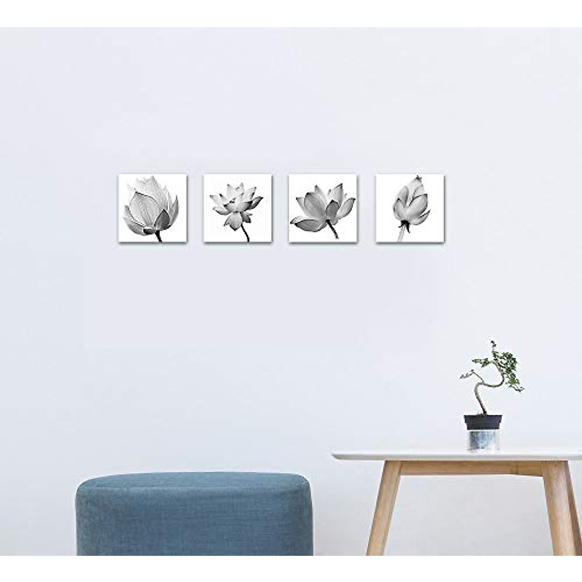 VVOVV Wall Decor - 4 Panels Flowers Artwork Black and White Elegant Floral Canvas Art Print Blooming Lotus Picture Framed Water Lily Wall Art Painting Home Decor for Bedroom