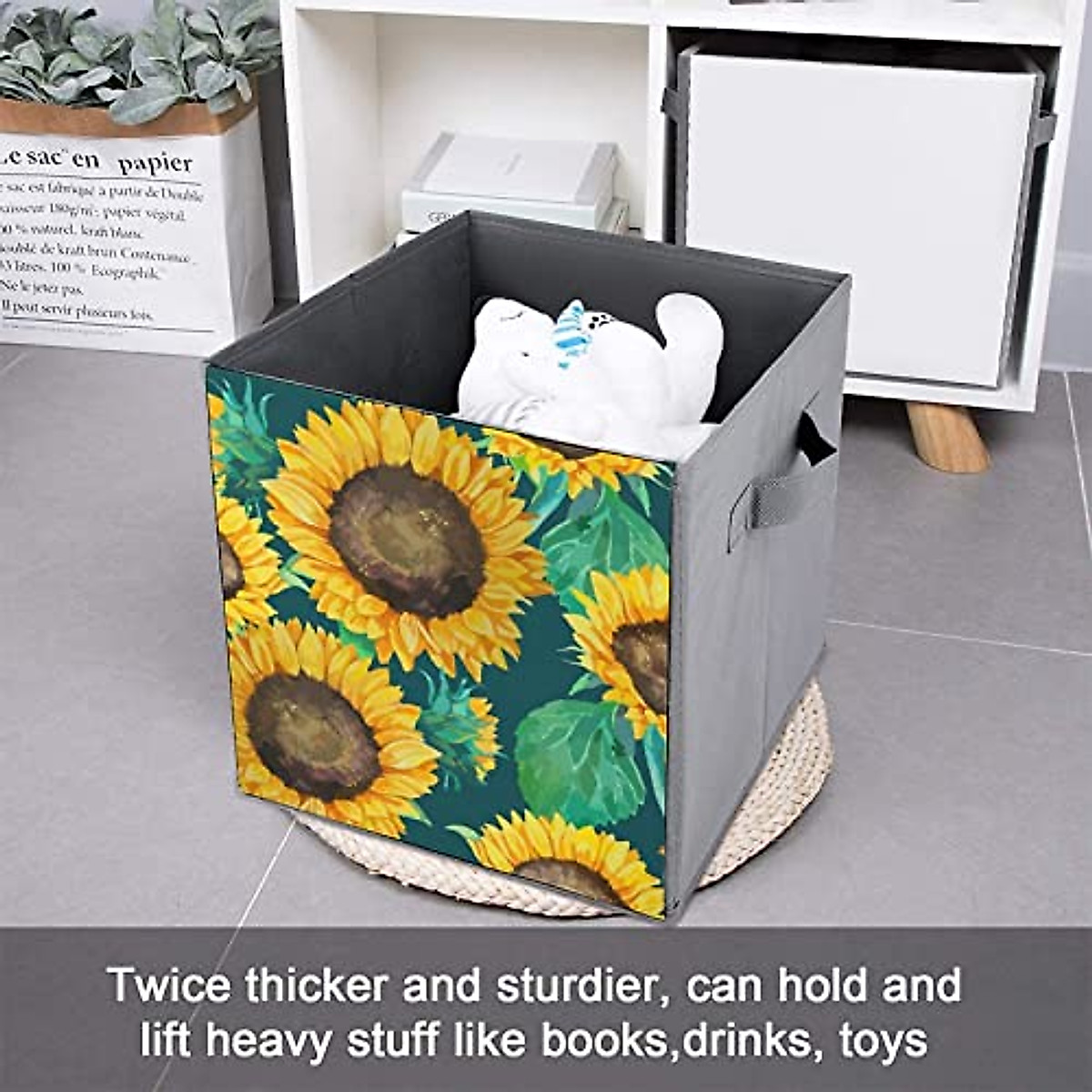Watercolor Sunflowers Leaves Collapsible Storage Bins Cubes Organizer Trendy Fabric Storage Boxes Inserts Cube Drawers 11 Inch