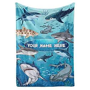 Personalized Shark Blanket for Kids - Ships Next Day and Made in USA - Soft Fleece Throw Bed, Cute Room Decor, Plush Sofa Couch Cover, Lightweight Baby Shark Toys, Custom Gift (Fleece – 50x60)