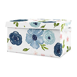 Sweet Jojo Designs Navy Blue Watercolor Floral Girl Small Fabric Toy Bin Storage Box Chest For Baby Nursery or Kids Room - Blush Pink, Green and White Shabby Chic Rose Flower