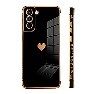 Bonoma Compatible with Samsung Galaxy S21 Case Love Heart Plating Electroplate Luxury Elegant Case Camera Protector Soft TPU Shockproof Protective Corner Back Cover Galaxy S21 Case -Black